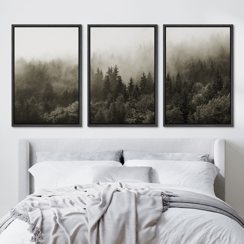 IDEA4WALL Framed Canvas Print Wall Art Woodland Nursery Decor Set Fog & Mist Over Blue Pine Tree ...